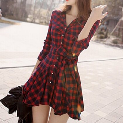 Retro Plaid Long-sleeved Dress Sd11407ey on Luulla