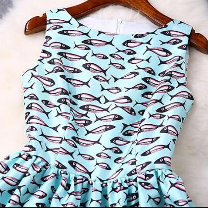 Fish Print Sleeveless Dress Vc30505mn on Luulla