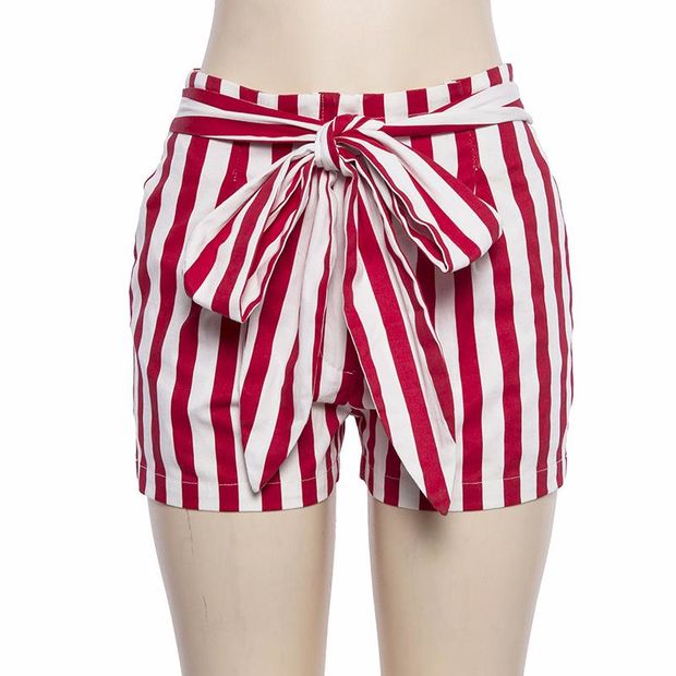 Red And White Stripes High Rise Shorts Featuring Bow Accent Tie Belt on ...
