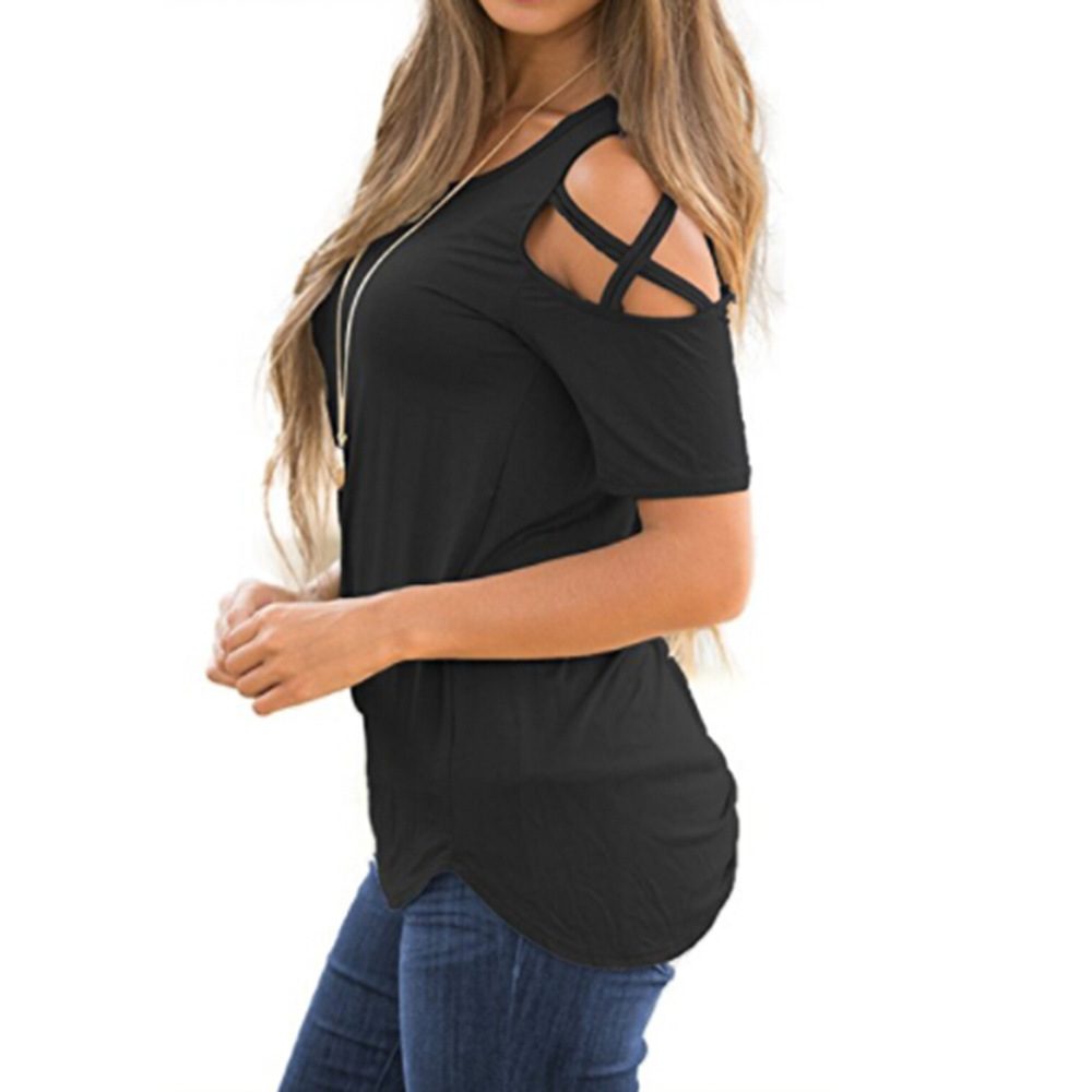 Solid Color Round Neck Short-sleeved Strapless T-shirt on Luulla