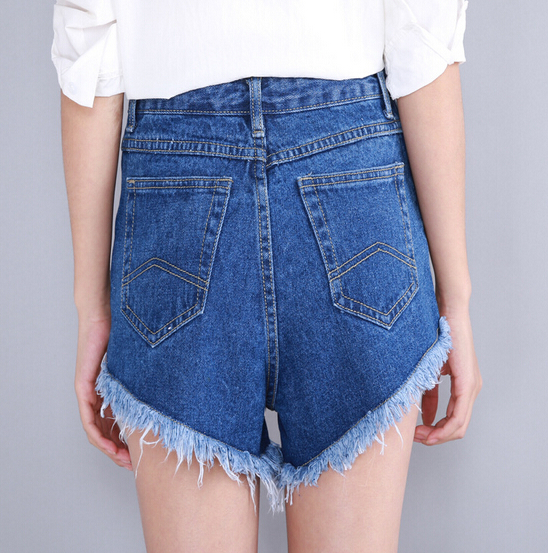 Denim High Waist Frayed Hem Shorts Featuring Rivet Embellishments on Luulla