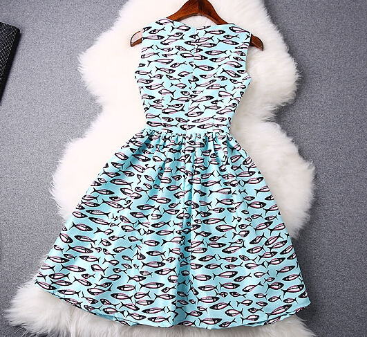 Fish Print Sleeveless Dress Vc30505mn on Luulla